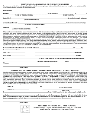 Fillable Online IRREVOCABLE ASSIGNMENT OF INSURANCE BENEFITS Fax Email ...