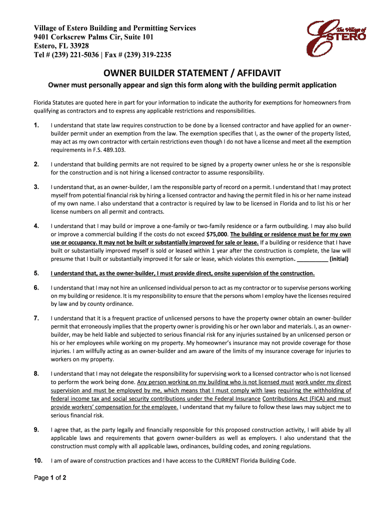Fillable Online OWNER BUILDER STATEMENT AFFIDAVIT - bestero-flgovb Fax ...