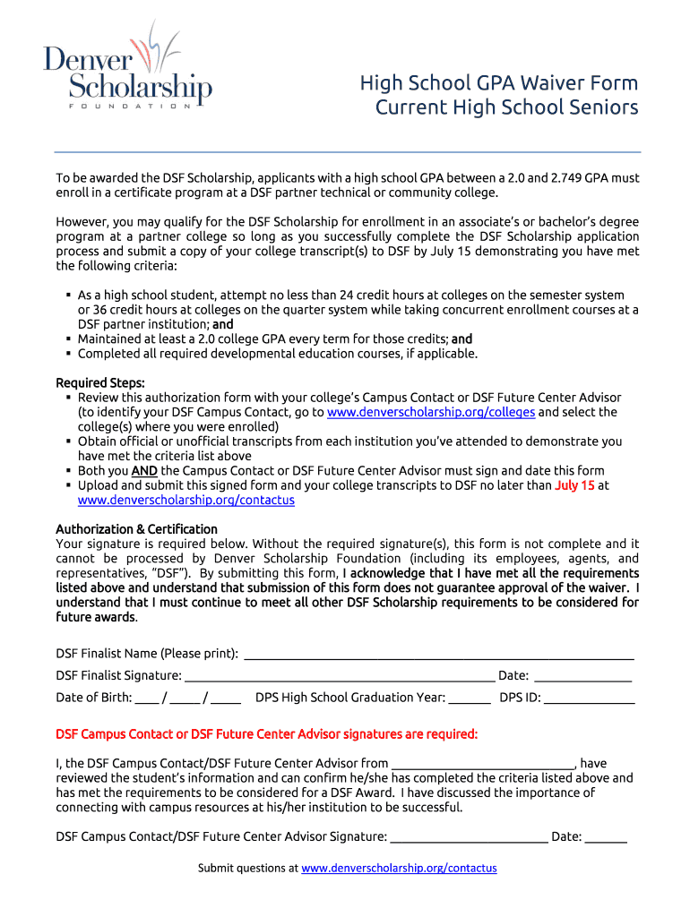 Fillable Online High School GPA Waiver Form Current High School Seniors ...