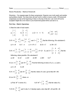 Fillable Online svhs svsd Honors Precalculus Matrices Homework - svhs ...