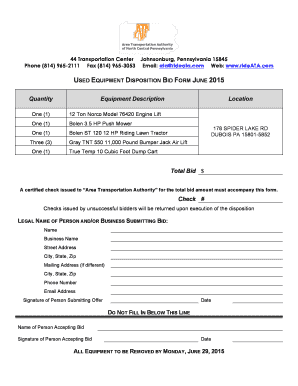 Fillable Online Used Equipment Disposition Bid Form June 2015 ...