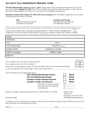 Fillable Online wp tsca 20142015 TSCA MEMBERSHIP RENEWAL FORM Fax Email ...