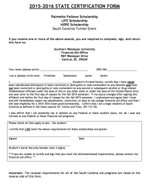 Fillable Online 20152016 STATE CERTIFICATION FORM Palmetto Fellows ...