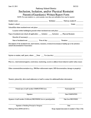 Fillable Online pkwy k12 mo Seclusion Isolation andor Physical ...