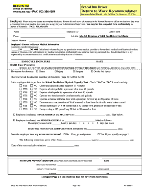 Fillable Online School Bus Driver Return to Work Recommendationdoc Fax Email Print - pdfFiller