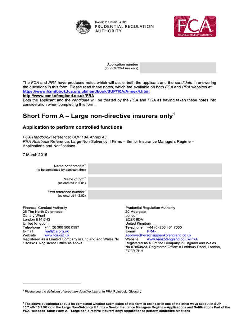 Fillable Online Short bFormb A - FCA Handbook - Financial Conduct ...