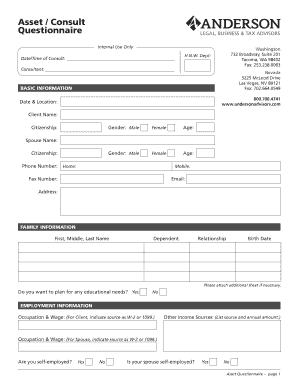 Fillable Online Asset Consult Questionnaire - Anderson Advisors Fax ...