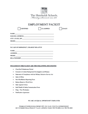 Fillable Online EMPLOYMENT PACKET CERTIFIED CLASSIFIED COACH NAME ...