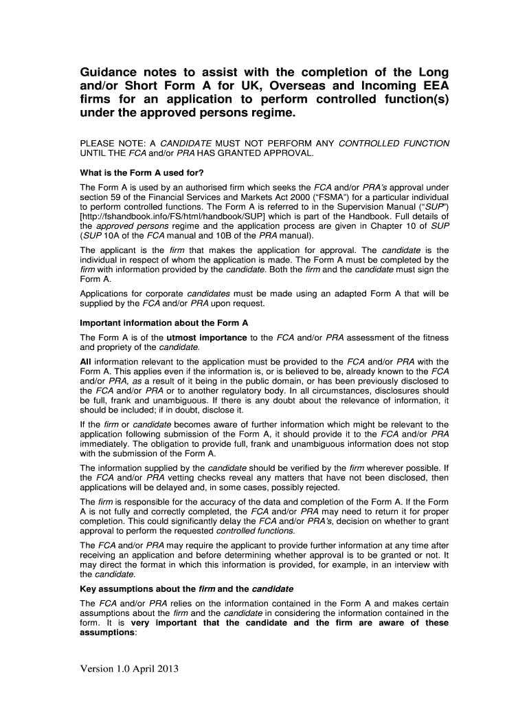 Fillable Online Form A - FCA Handbook - Financial Conduct Authority Fax ...
