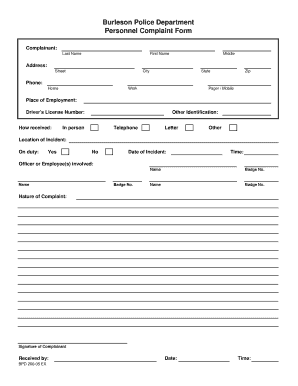 Fillable Online tmra2 Burleson Police Department Personnel Complaint ...