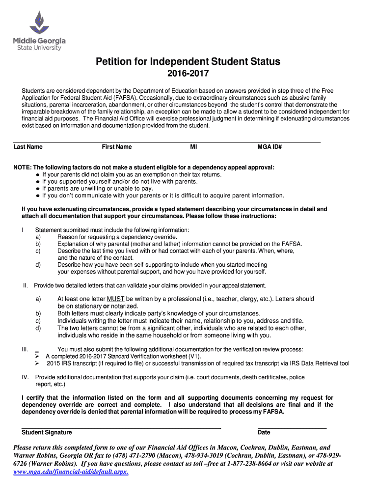Fillable Online 16-17 Petition for Independent Student Status Fax Email ...