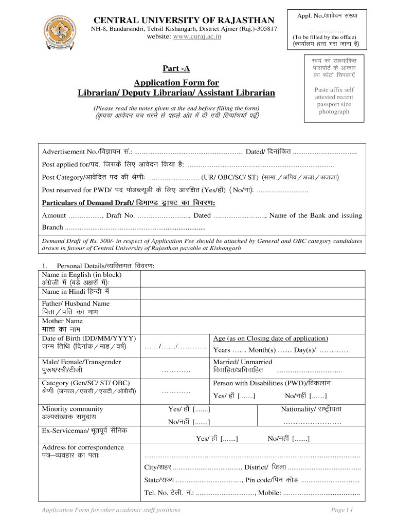Fillable Online Application Form for Librarian Deputy Librarian ...