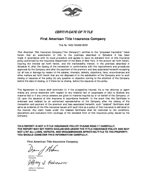 Fillable Online CERTIFICATE OF TITLE First American Title Insurance ...