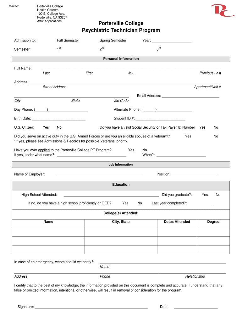 Fillable Online portervillecollege Porterville College Psychiatric ...