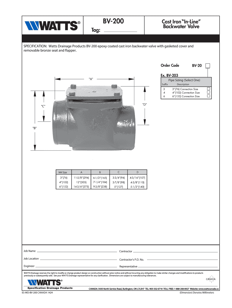 Fillable Online BV-200 Cast Iron In-Line Tag - Watts Water Technologies ...