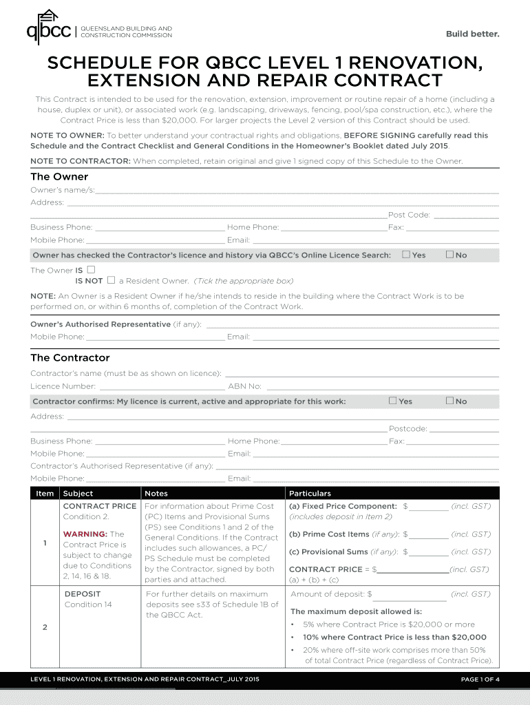 Fillable Online QBCC LEVEL 1 RENOVATION EXTENSION AND REPAIR CONTRACT ...