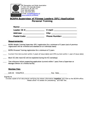 Fillable Online bcrpa bc BCRPA Supervisor of Fitness Leaders SFL Application Fax Email Print ...