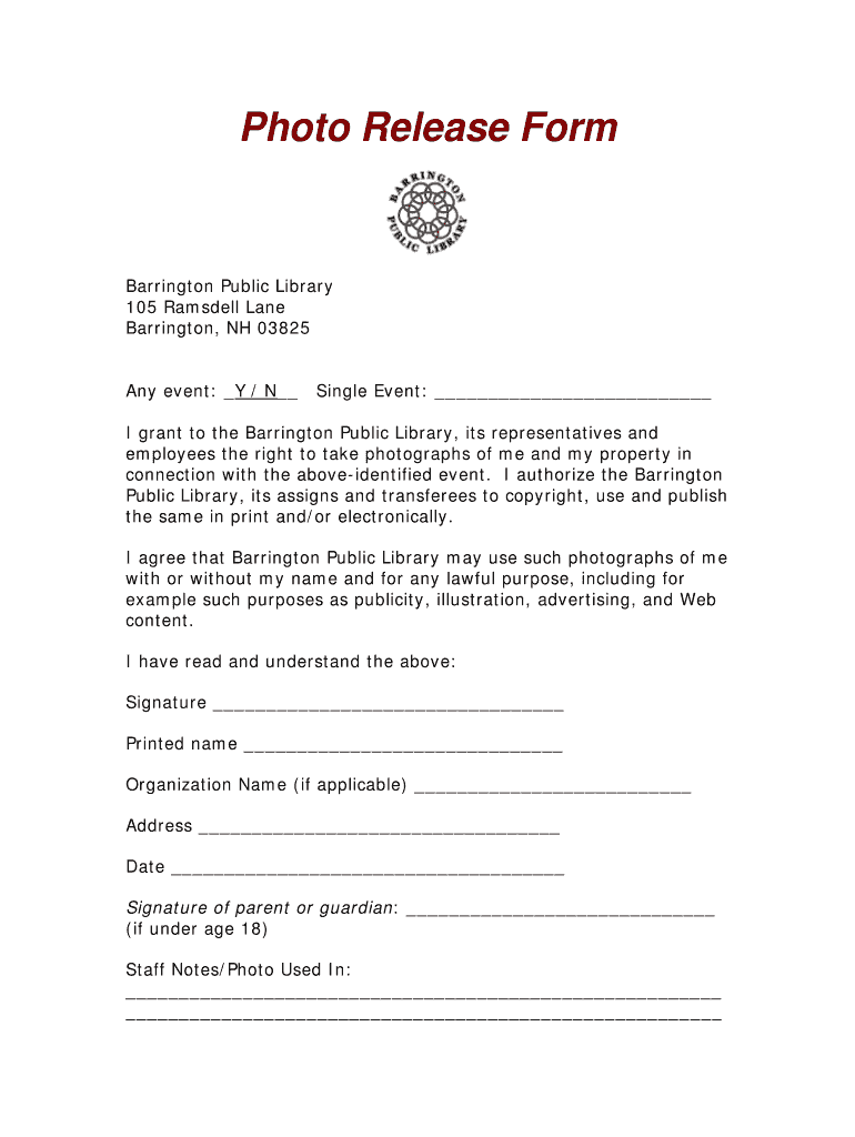 Fillable Online Sample Photo Release Form - bbarringtonlibrarycomb Fax ...
