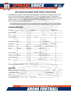 Fillable Online 2015 ROCKSTAR DANCE TEAM TRYOUT APPLICATION Fax Email ...