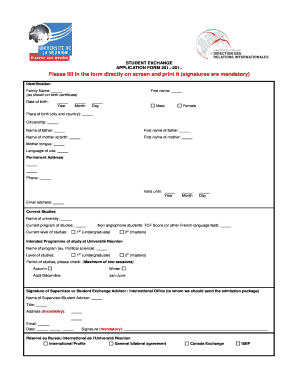 Fillable Online univ-reunion STUDENT EXCHANGE APPLICATION FORM 201-201 ...
