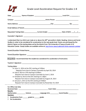 Fillable Online Grade Level Acceleration Request for Grades 1-8 Fax ...