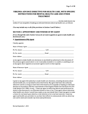 Fillable Online psva VIRGINIA ADVANCE DIRECTIVE FOR HEALTH CARE, WITH ...