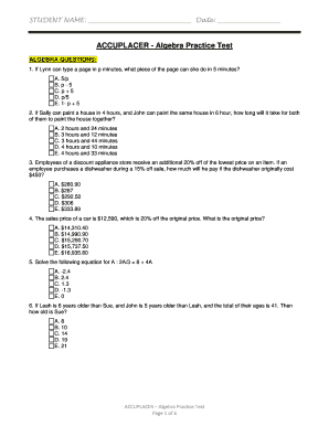 Fillable Online upsd wednet ACCUPLACER - Algebra Practice Test ...