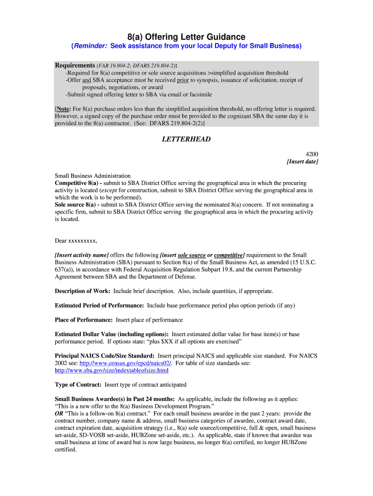 Fillable Online 8(a) Offering Letter Guidance Fax Email Print - pdfFiller