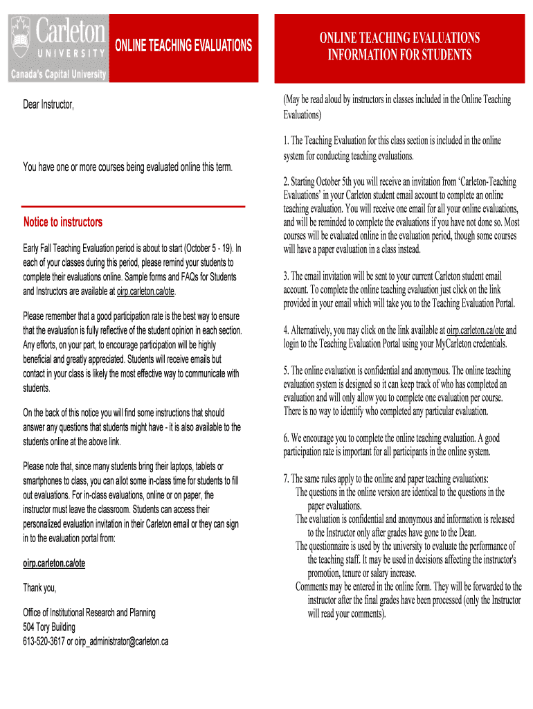 Fillable Online ONLINE TEACHING EVALUATIONS Fax Email Print - pdfFiller