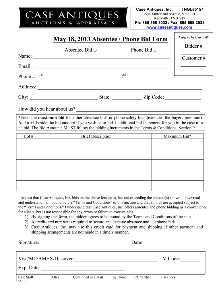 Fillable Online Instructions for the Absentee and Phone Bid formr022313 Fax Email Print - pdfFiller