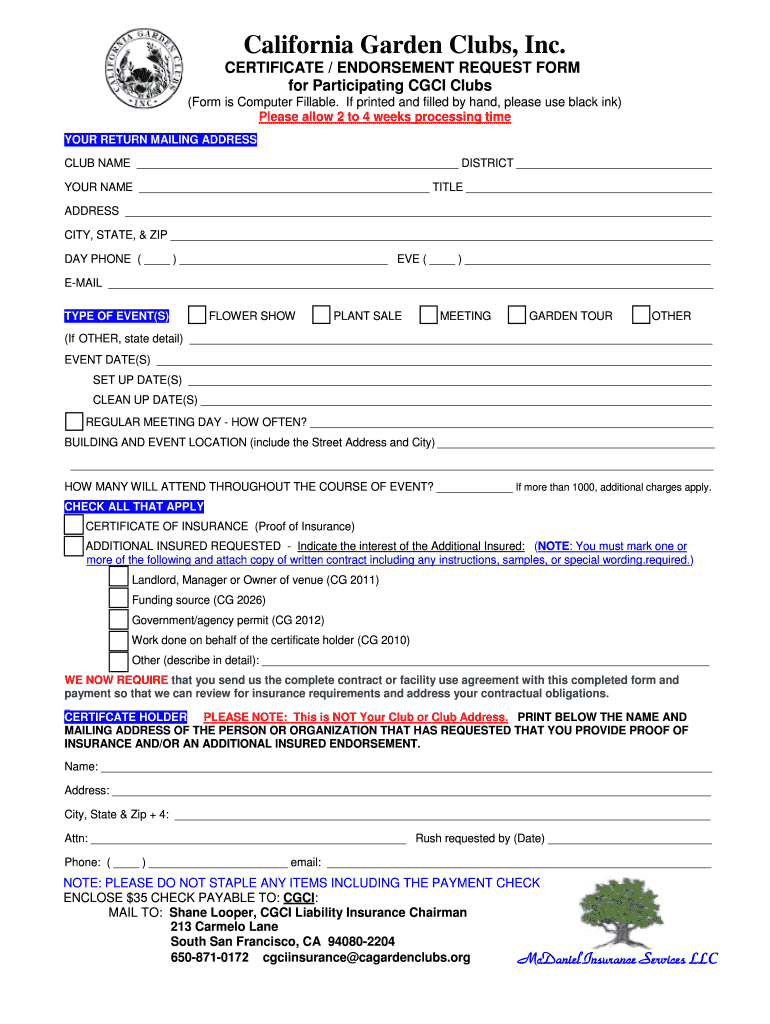 Fillable Online CERTIFICATE / ENDORSEMENT REQUEST FORM for Participating CGCI Clubs (Form is ...