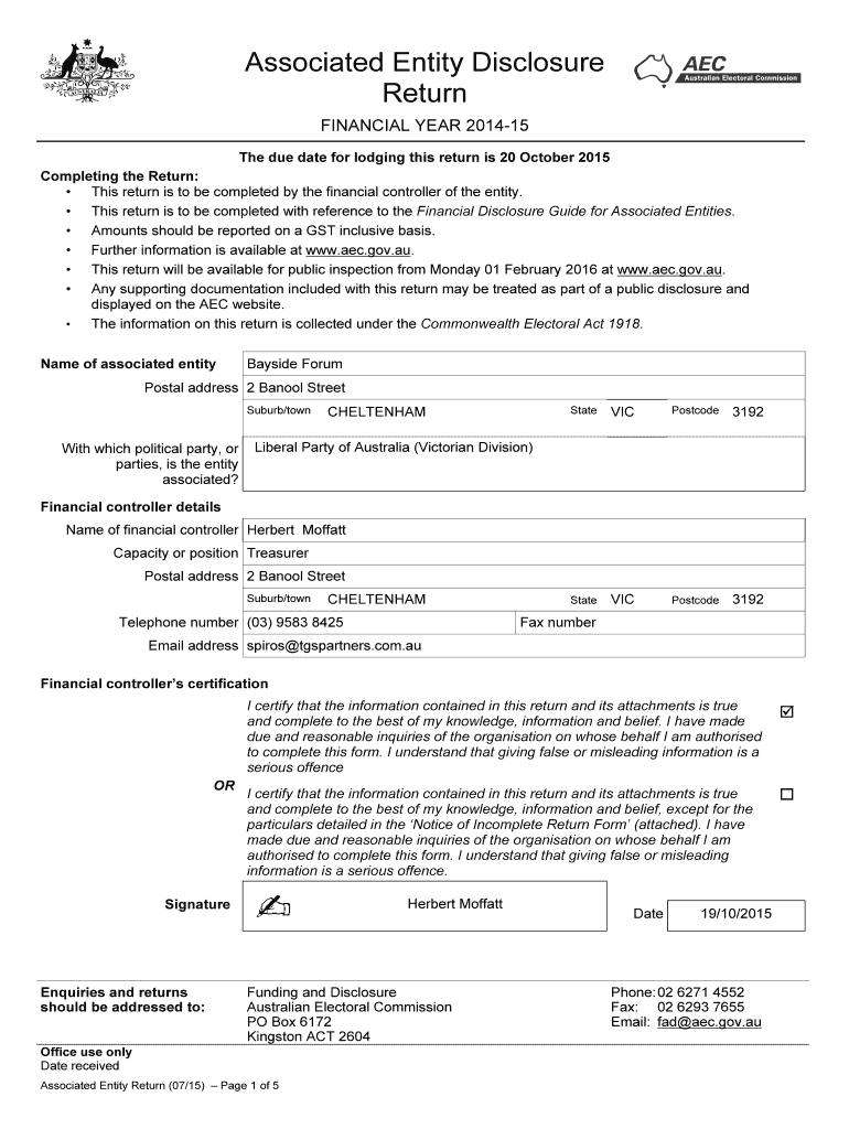 Fillable Online periodicdisclosures aec gov Associated Entity Disclosure Return FINANCIAL YEAR ...
