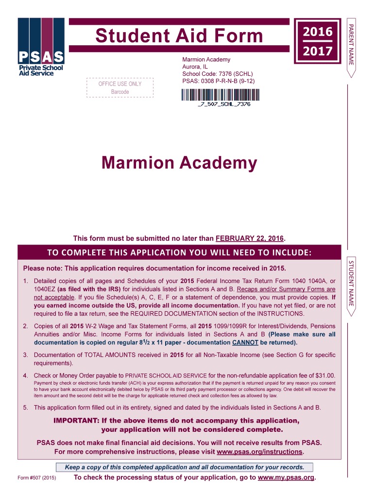 Fillable Online marmion Student Aid Form 2016 - Marmion Abbey Fax Email ...