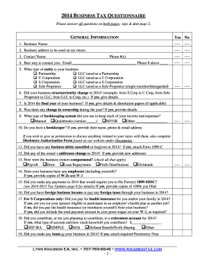 Fillable Online 2014 BUSINESS TAX QUESTIONNAIRE - ClientWhys Portal Fax ...