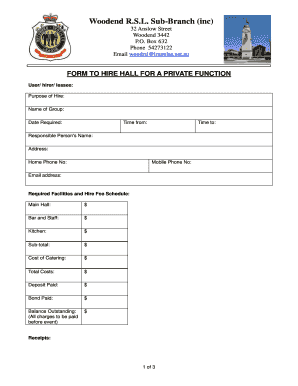 Fillable Online FORM TO HIRE HALL FOR A PRIVATE FUNCTION ...