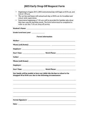 Fillable Online warrencountyschools JRES Early Drop Off Request bFormb ...