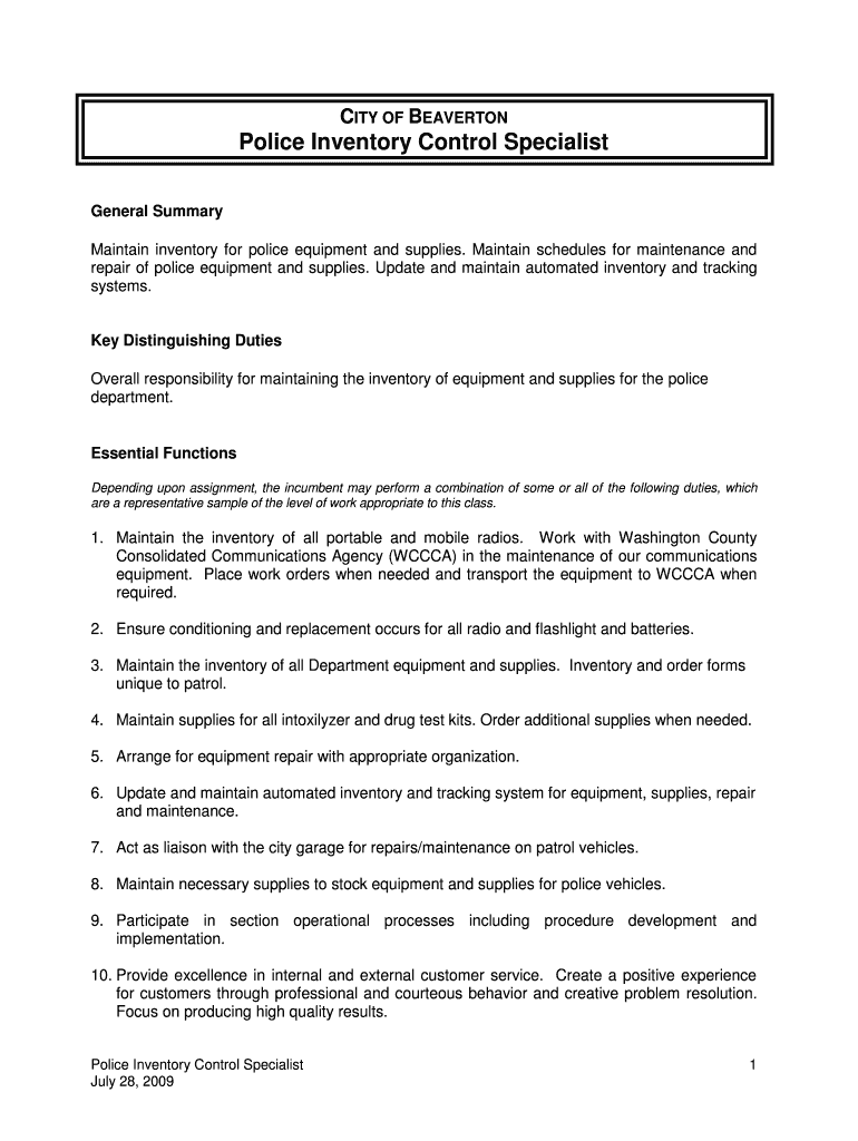 Fillable Online Police Inventory Control Specialist Fax Email Print ...