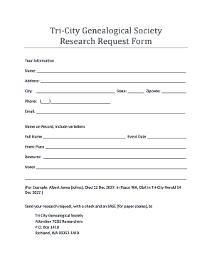 Fillable Online tricitygenealogicalsociety TriCity Genealogical Society Research Request Form ...