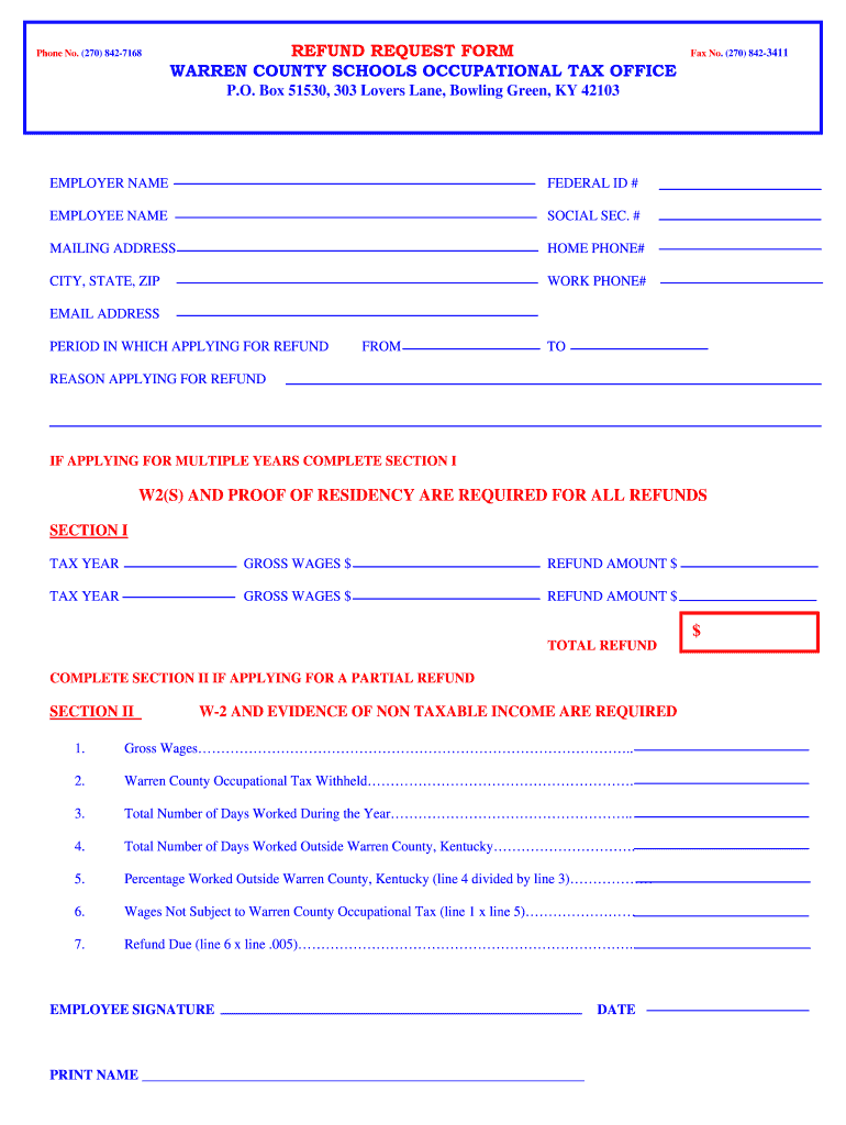 Fillable Online warrencountyschools Refund request form warren county ...
