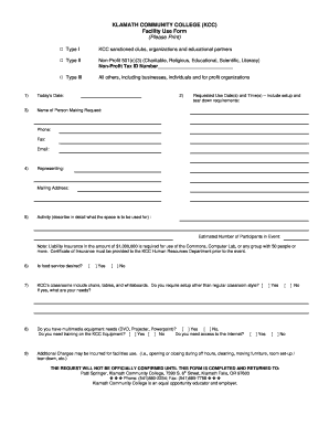 Fillable Online klamathcc KLAMATH COMMUNITY COLLEGE KCC Facility Use Form Please Print ...
