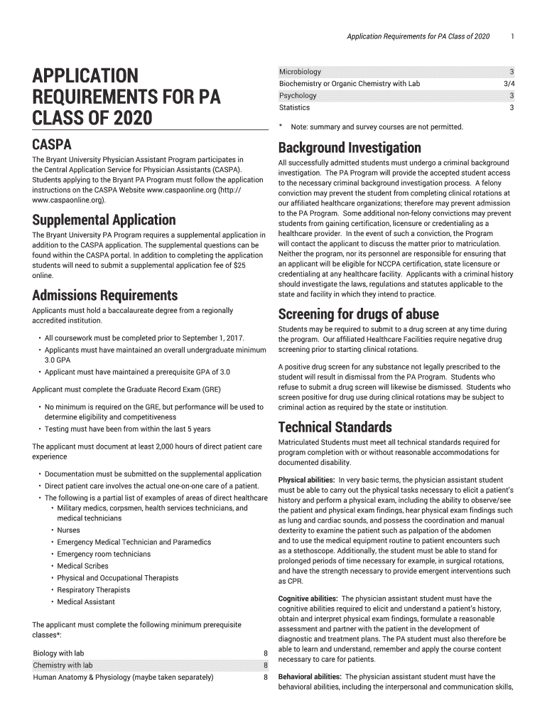 Fillable Online Application Requirements for PA Class of 20201 Fax ...