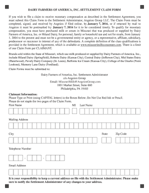 Fillable Online DAIRY FARMERS OF AMERICA INC SETTLEMENT CLAIM FORM Fax ...