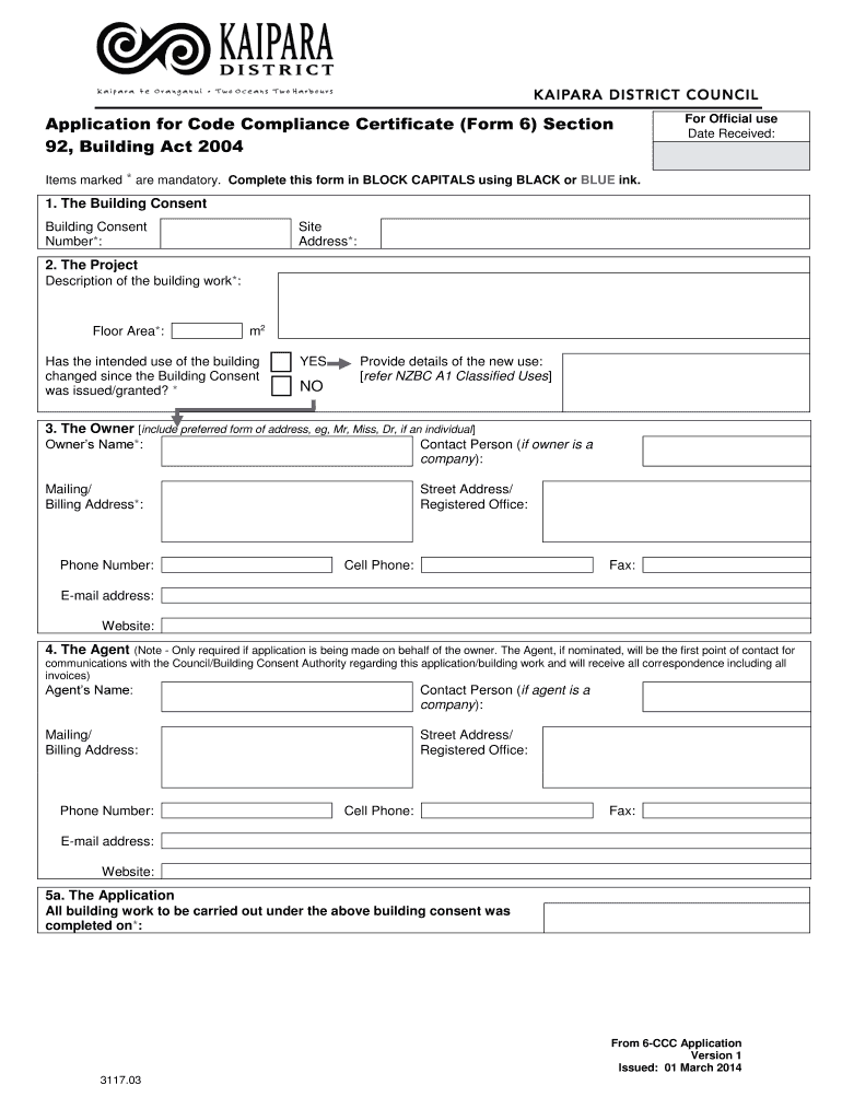 Fillable Online Application for Code Compliance Certificate Form 6 ...