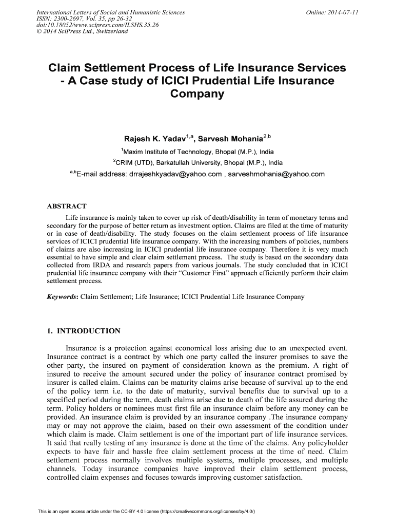 Fillable Online Claim Settlement Process of Life Insurance Services Fax ...