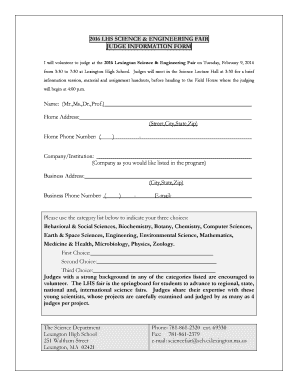 Fillable Online lps lexingtonma 2016 LHS SCIENCE ENGINEERING FAIR JUDGE ...