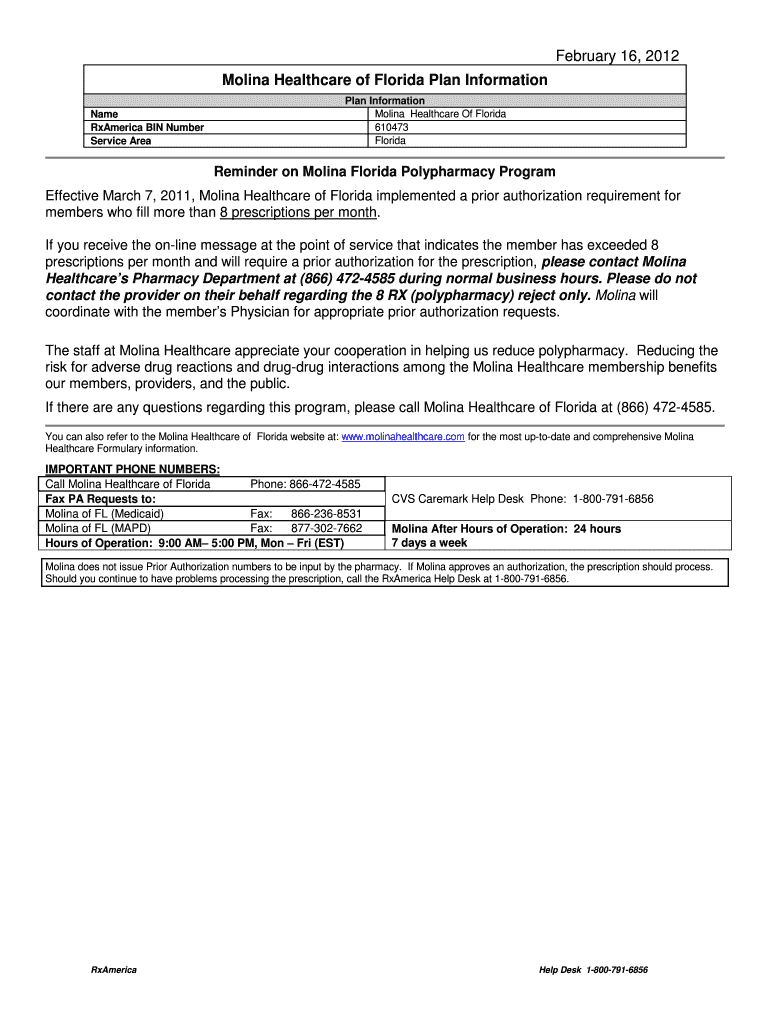 Fillable Online Molina Healthcare of Florida Plan Information Fax Email ...