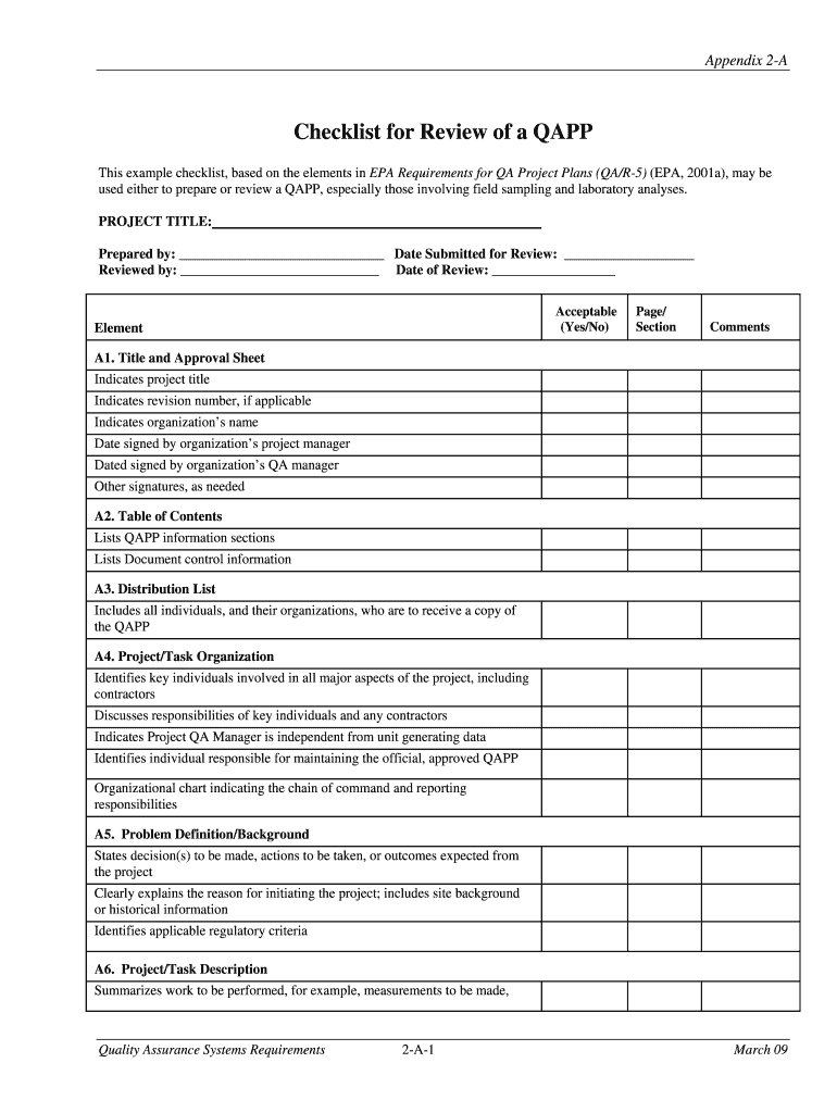 Fillable Online 141 232 10 QASR Appendix 2-A March 2009 Checklist for ...