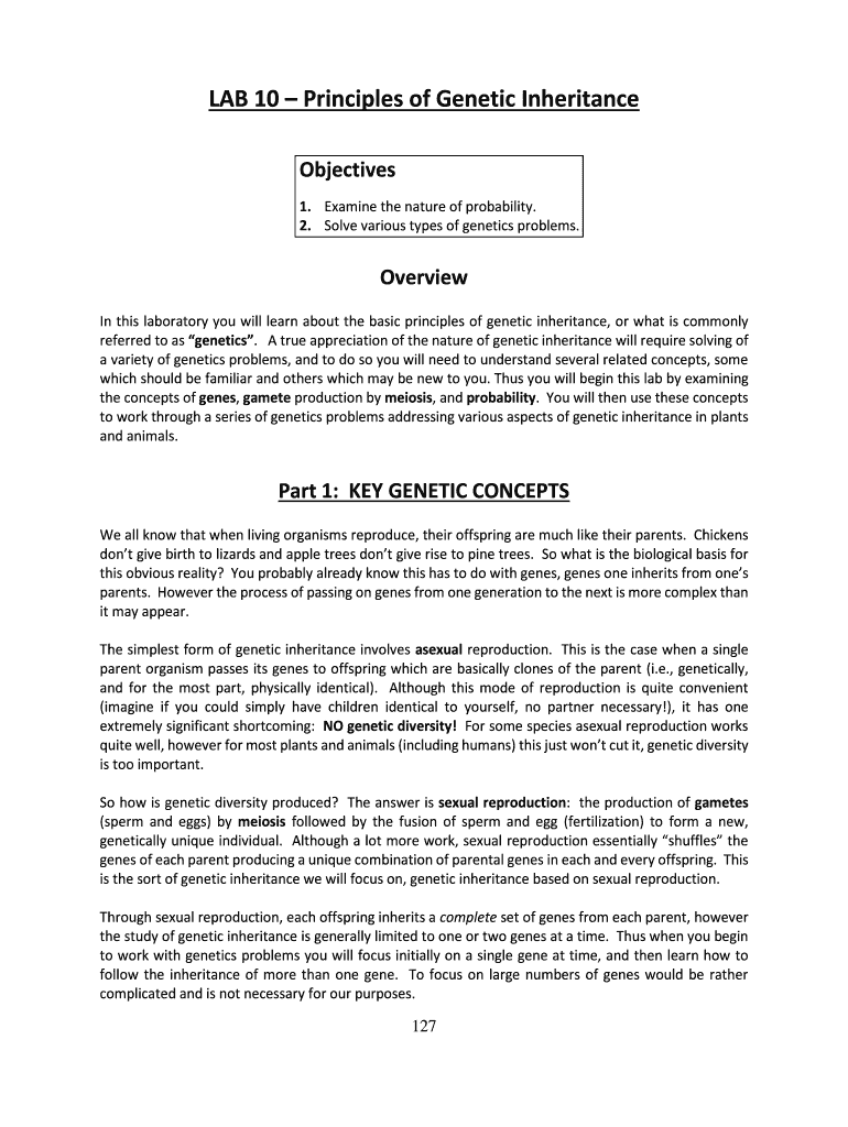 Fillable Online LAB 10 Principles of Genetic Inheritance Fax Email ...