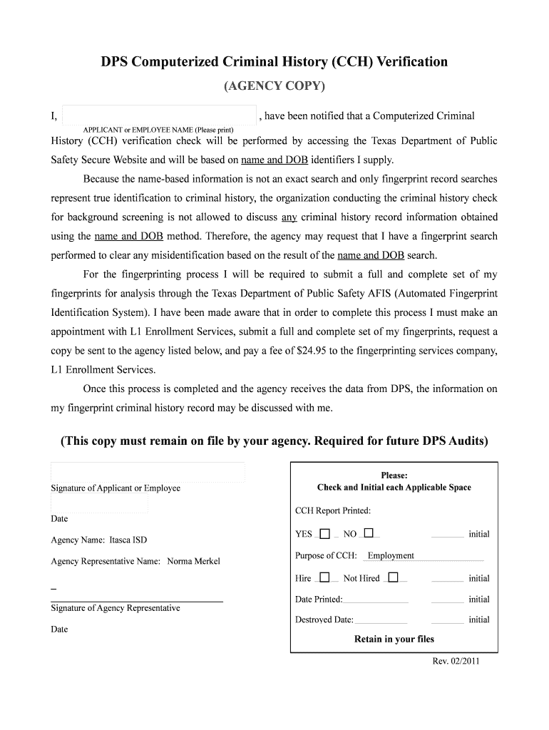 Fillable Online itascaisd History (CCH) verification check will be ...