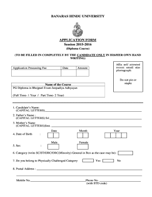 Fillable Online BANARAS HINDU UNIVERSITY APPLICATION FORM Session 2015 ...